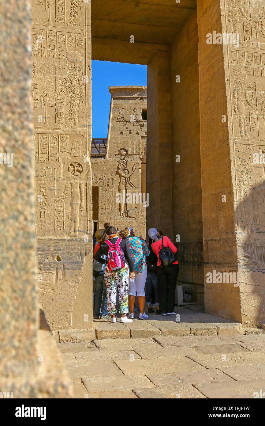 Wall decorations and hieroglyphics of the gods Ra, Osiris and Horus in ...