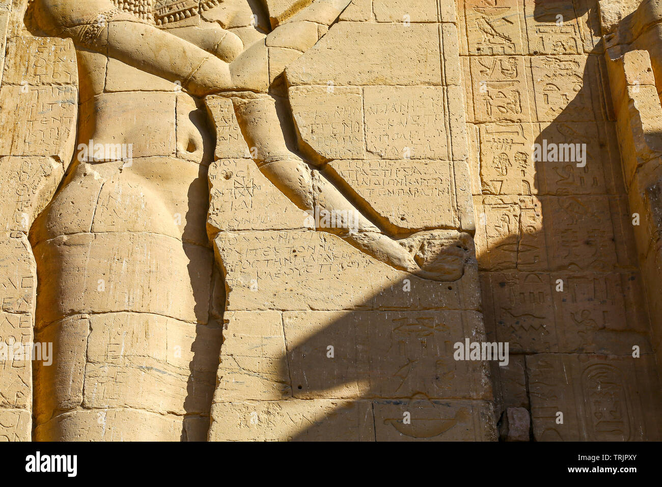 Wall decorations and hieroglyphics of the gods Ra, Osiris and Horus in ...
