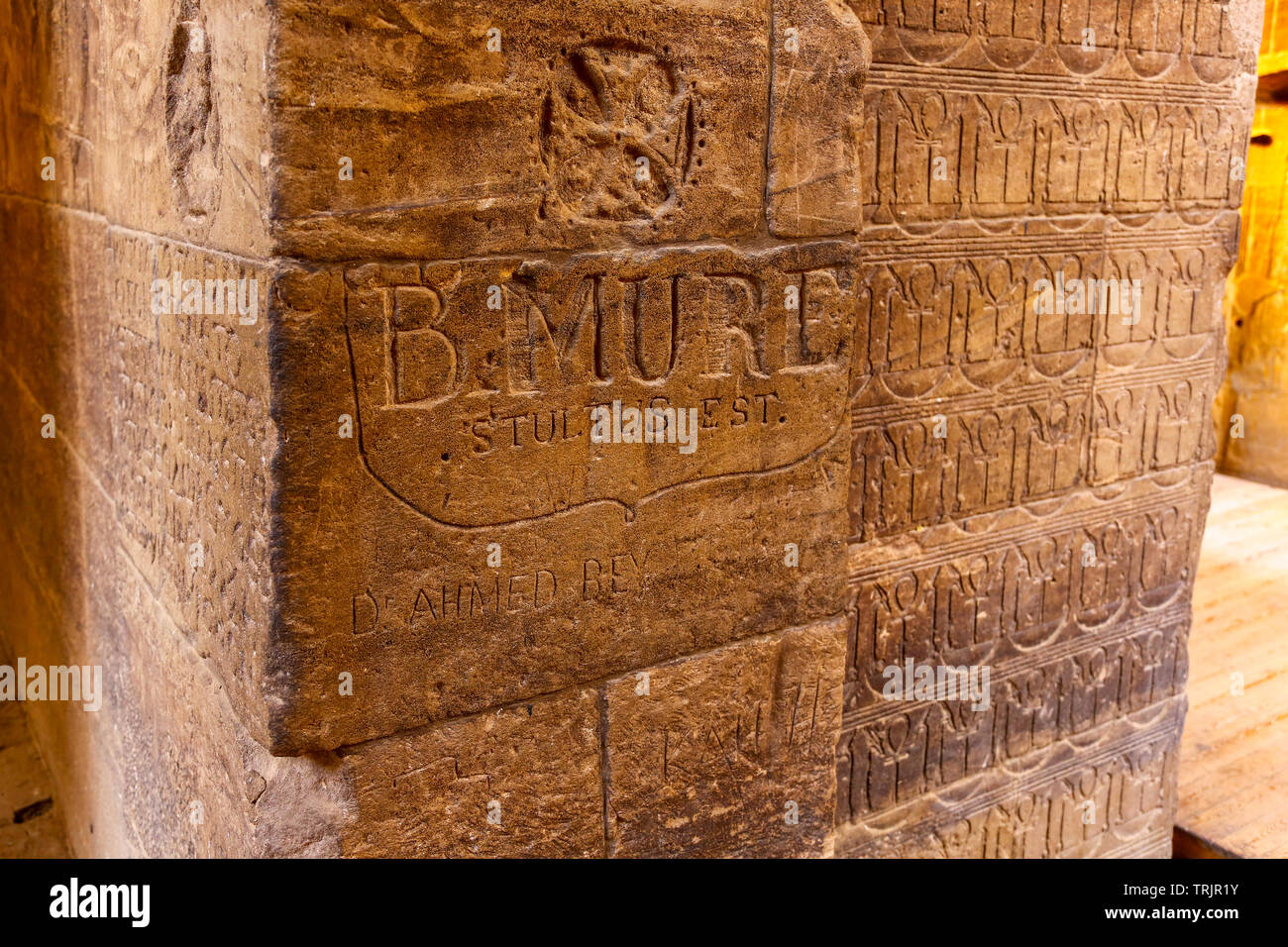 Wall decorations and hieroglyphics of the gods Ra, Osiris and Horus in ...