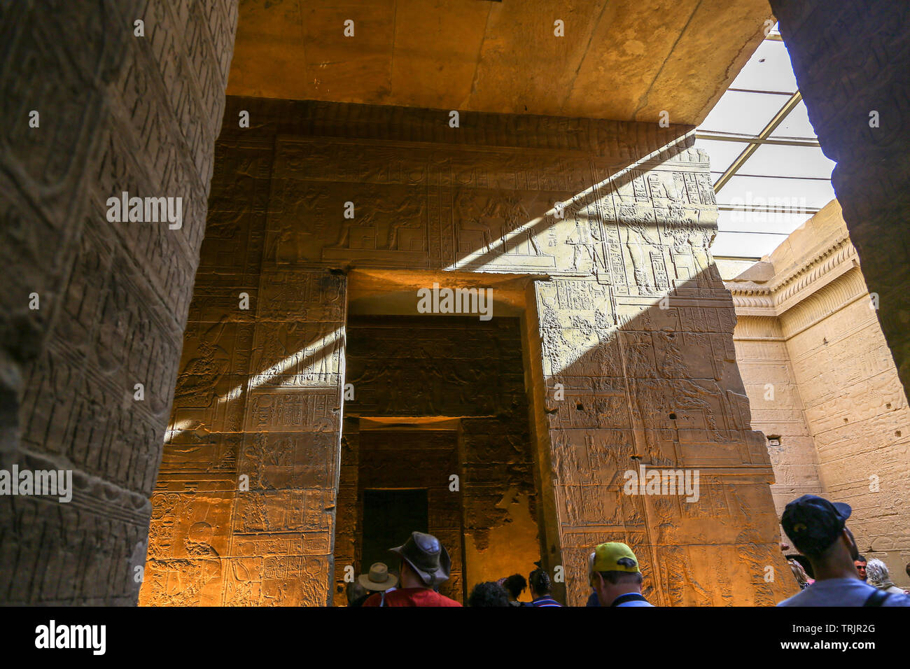 Wall decorations and hieroglyphics of the gods Ra, Osiris and Horus in ...