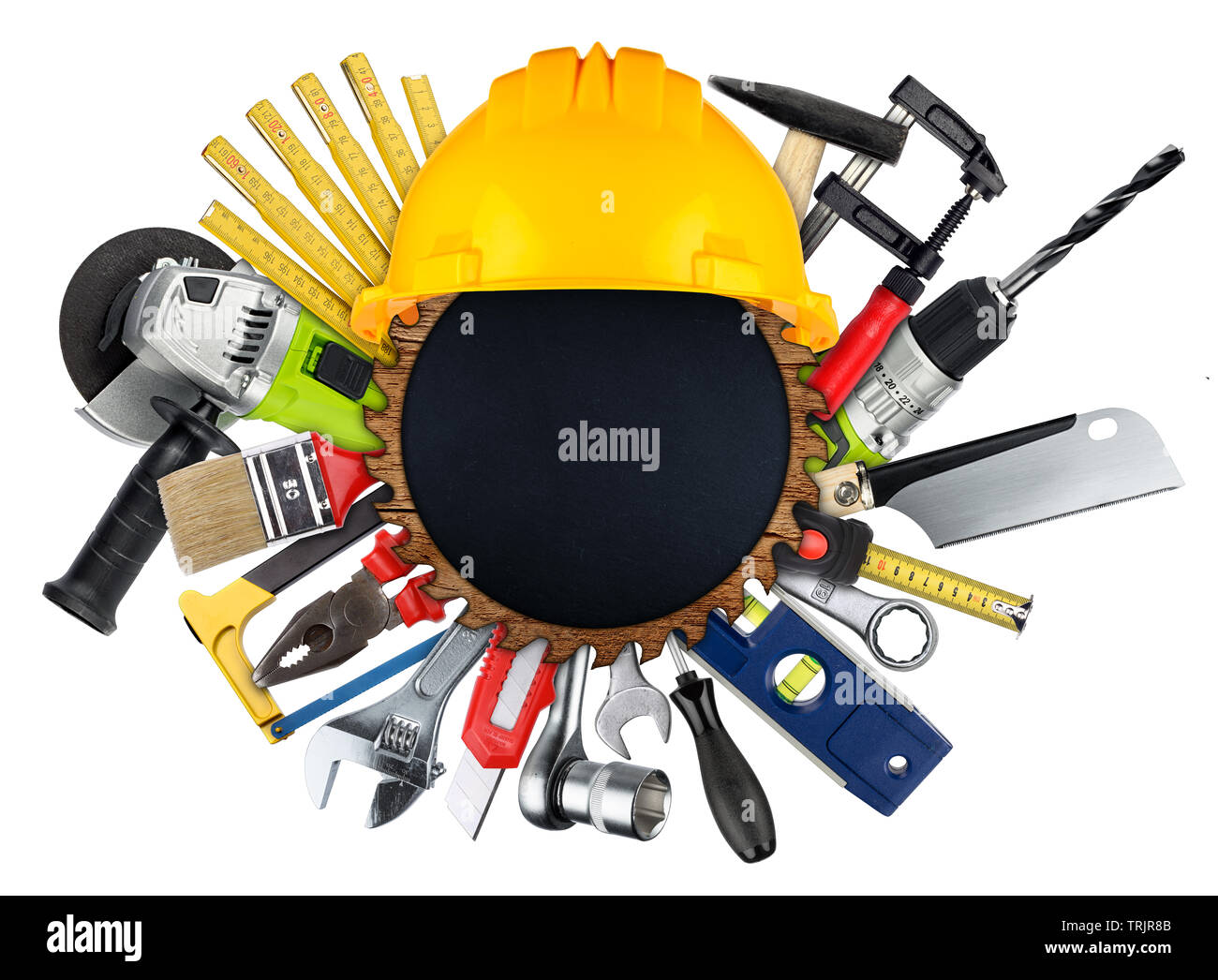 DIY handtools collage concept behind wooden wide panorama plank with ...