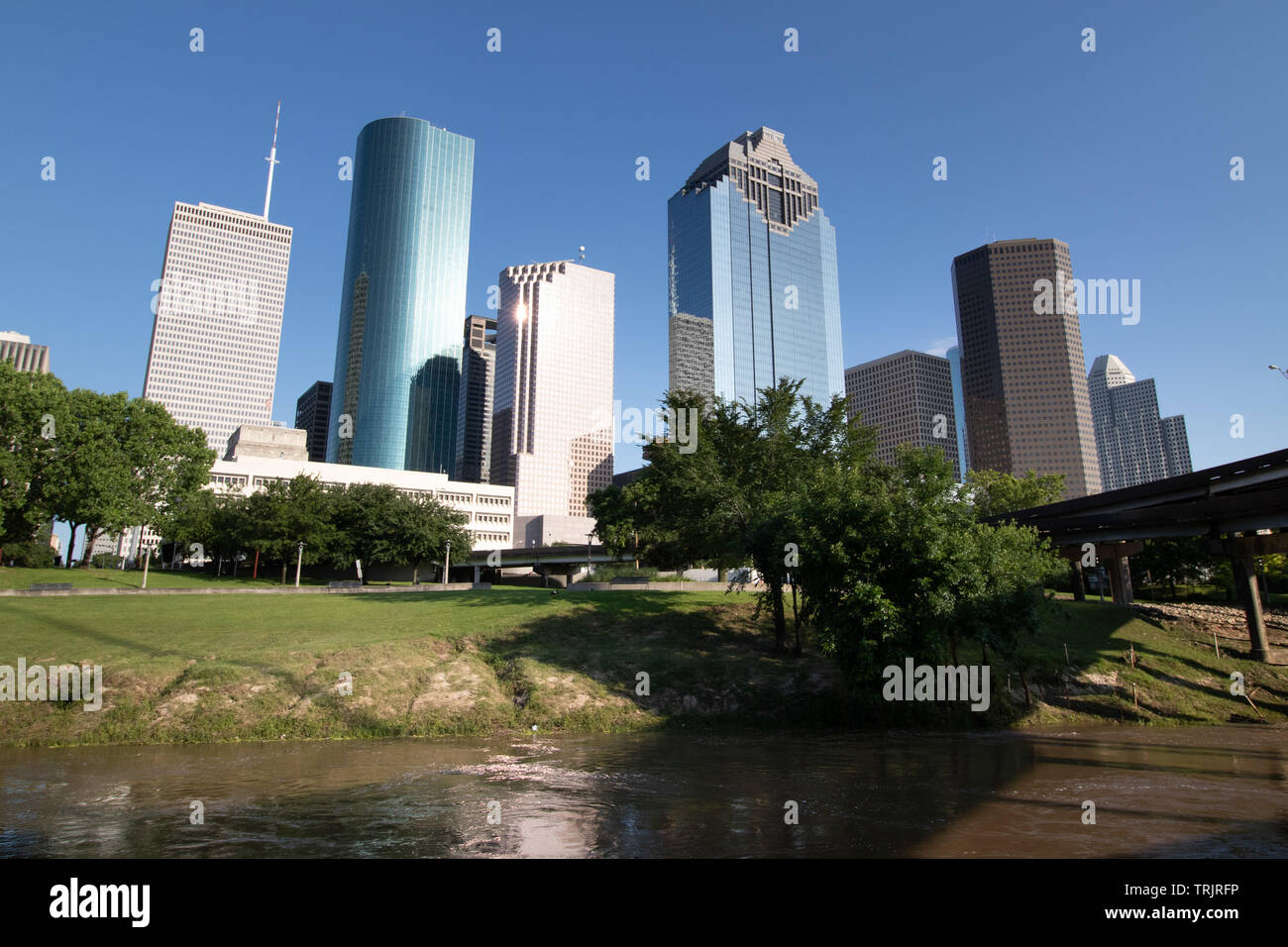 The view of the Houston skyscraper skyline from Buffalo Bayou. The ...