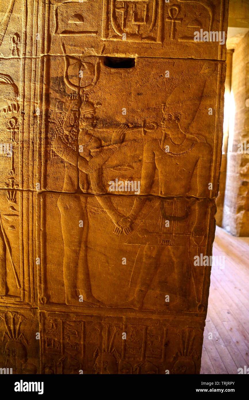 Wall decorations and hieroglyphics of the gods Ra, Osiris and Horus in ...