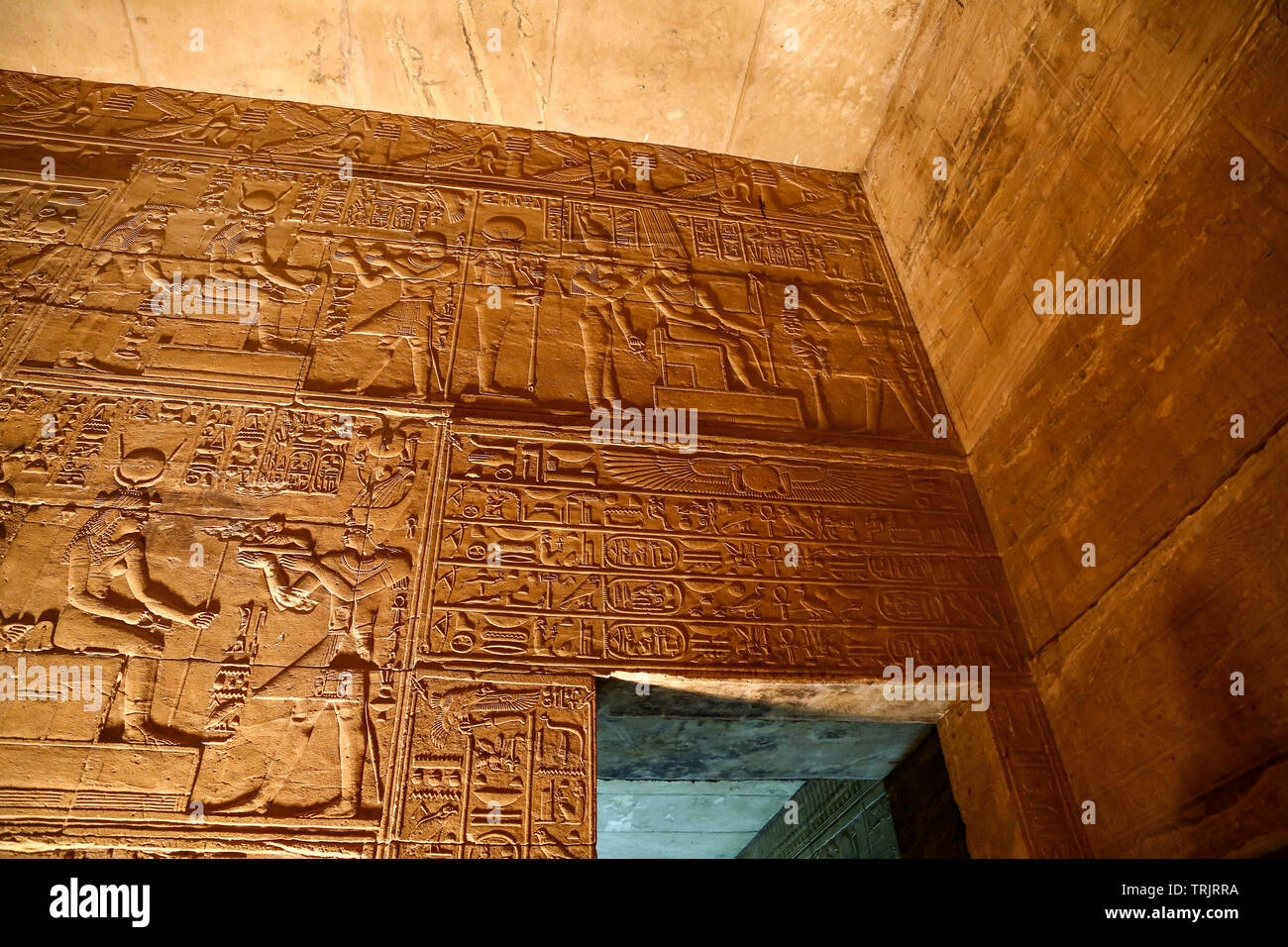 Wall decorations and hieroglyphics of the gods Ra, Osiris and Horus in ...