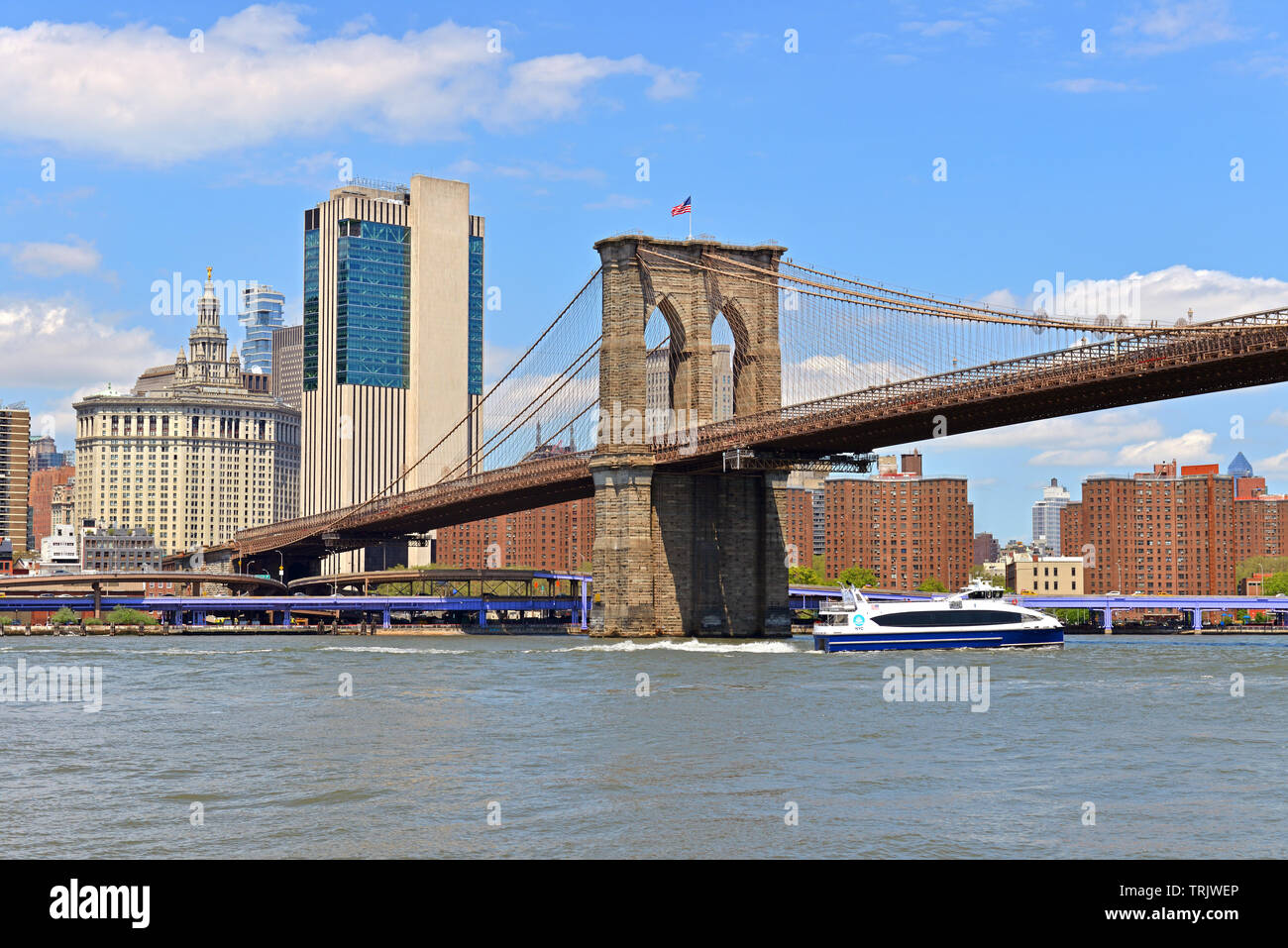 Famous Brooklyn Bridge (1883), hybrid cable-stayed, suspension bridge ...