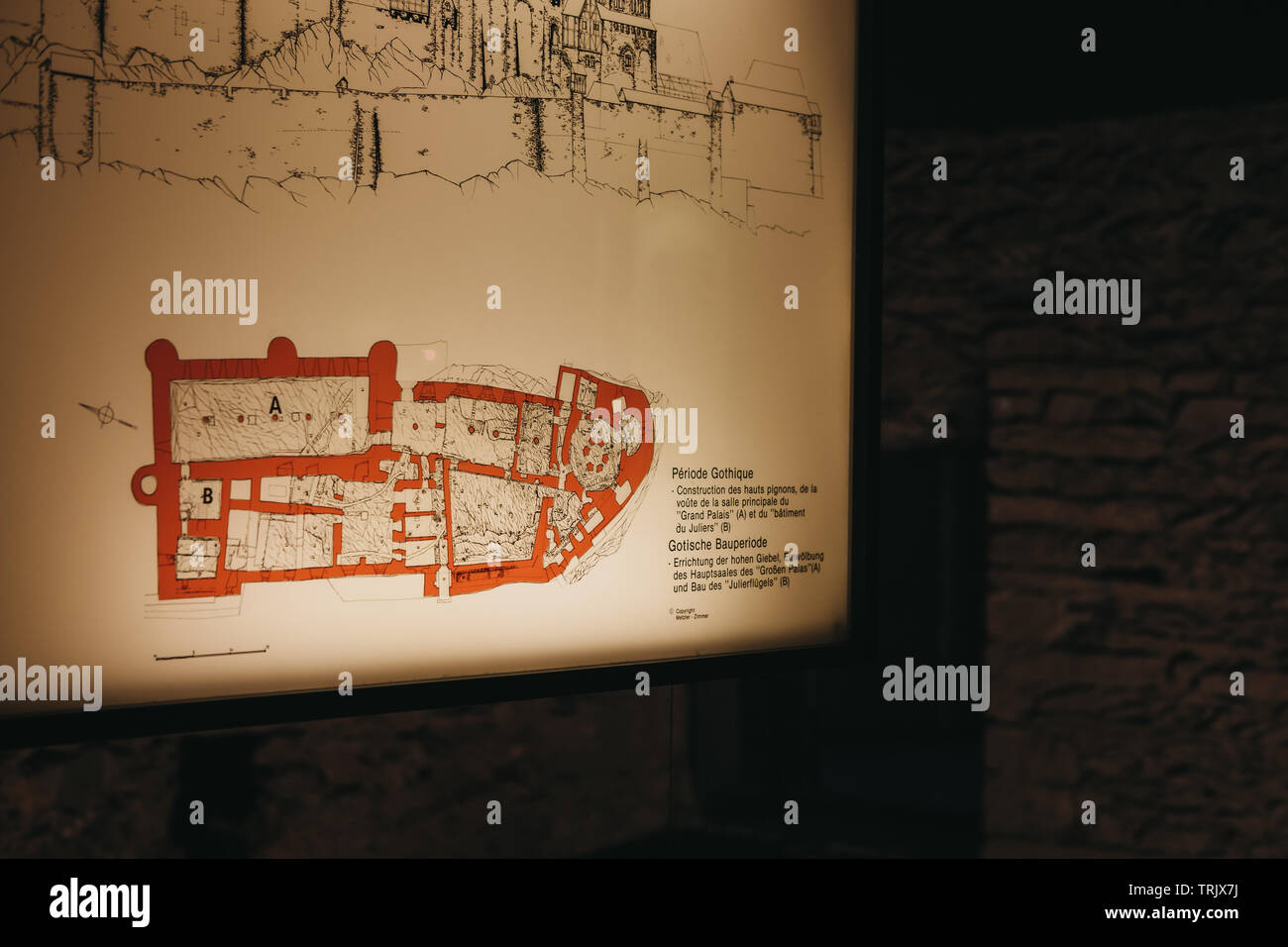 Vianden, Luxembourg - May 18, 2019: Display of historic map of Vianden ...