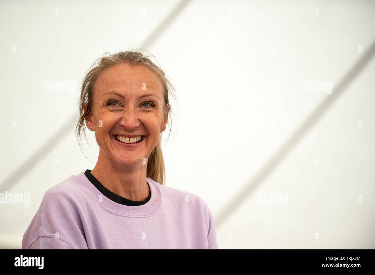 British long-distance runner Paula Radcliffe, MBE. Pictured speaking at ...