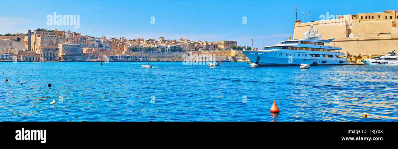 Panorama of Valletta Grand Harbour with medieval fortifications of ...