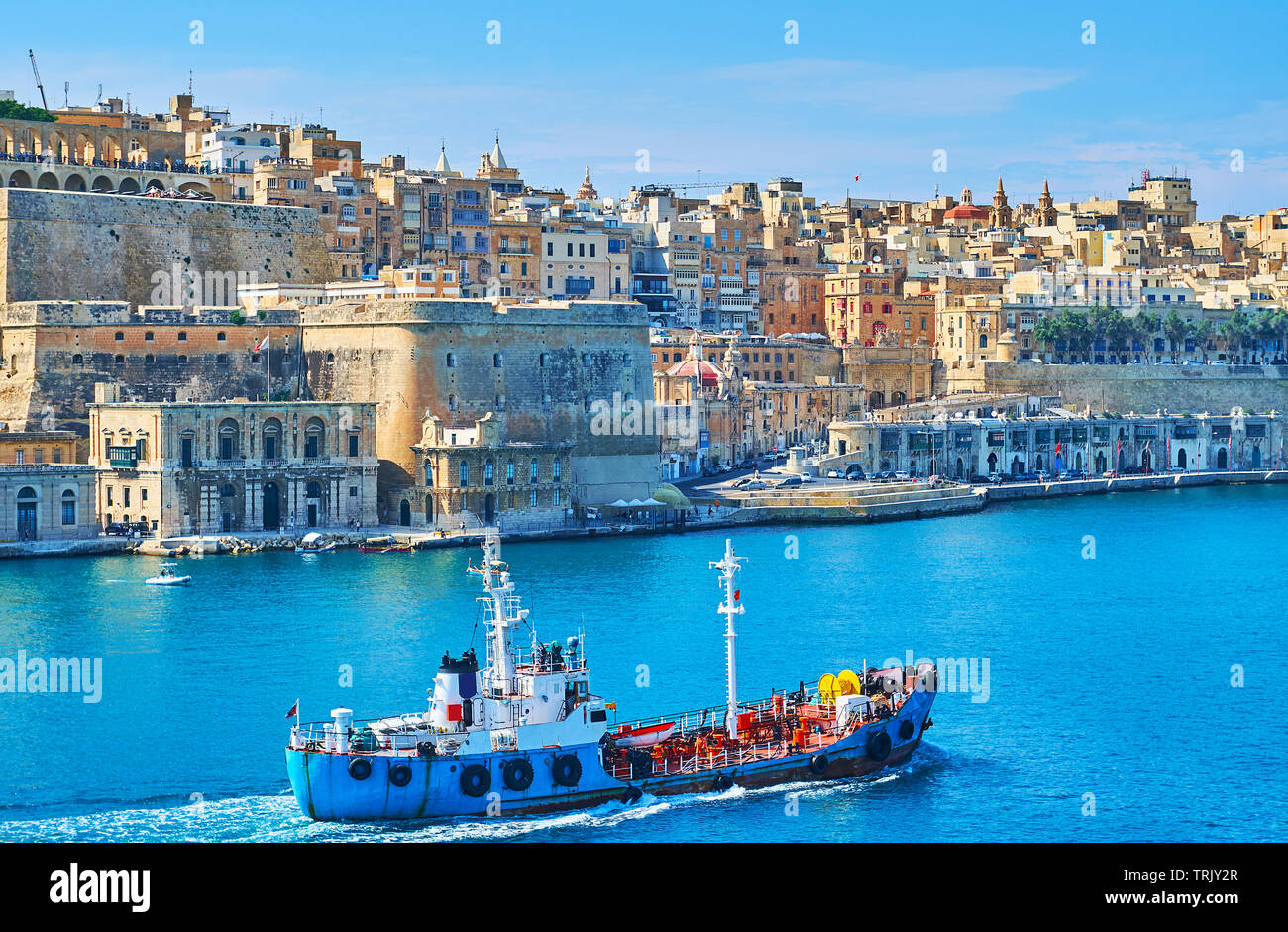 The floating cargo ship in front of the Lascaris Bastion of Valletta ...