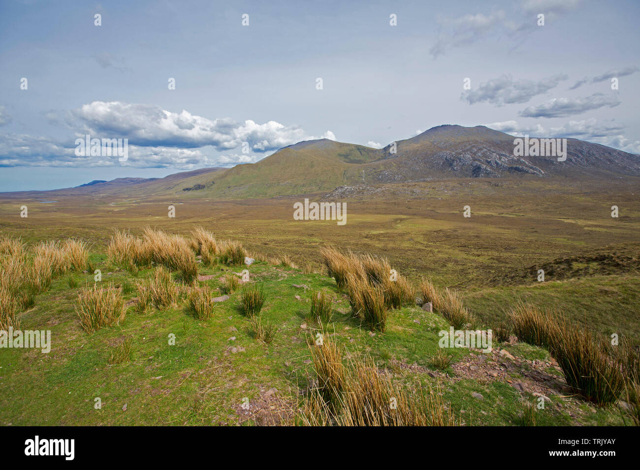 Remote Scottish highland landscape with rugged mountains rising above ...