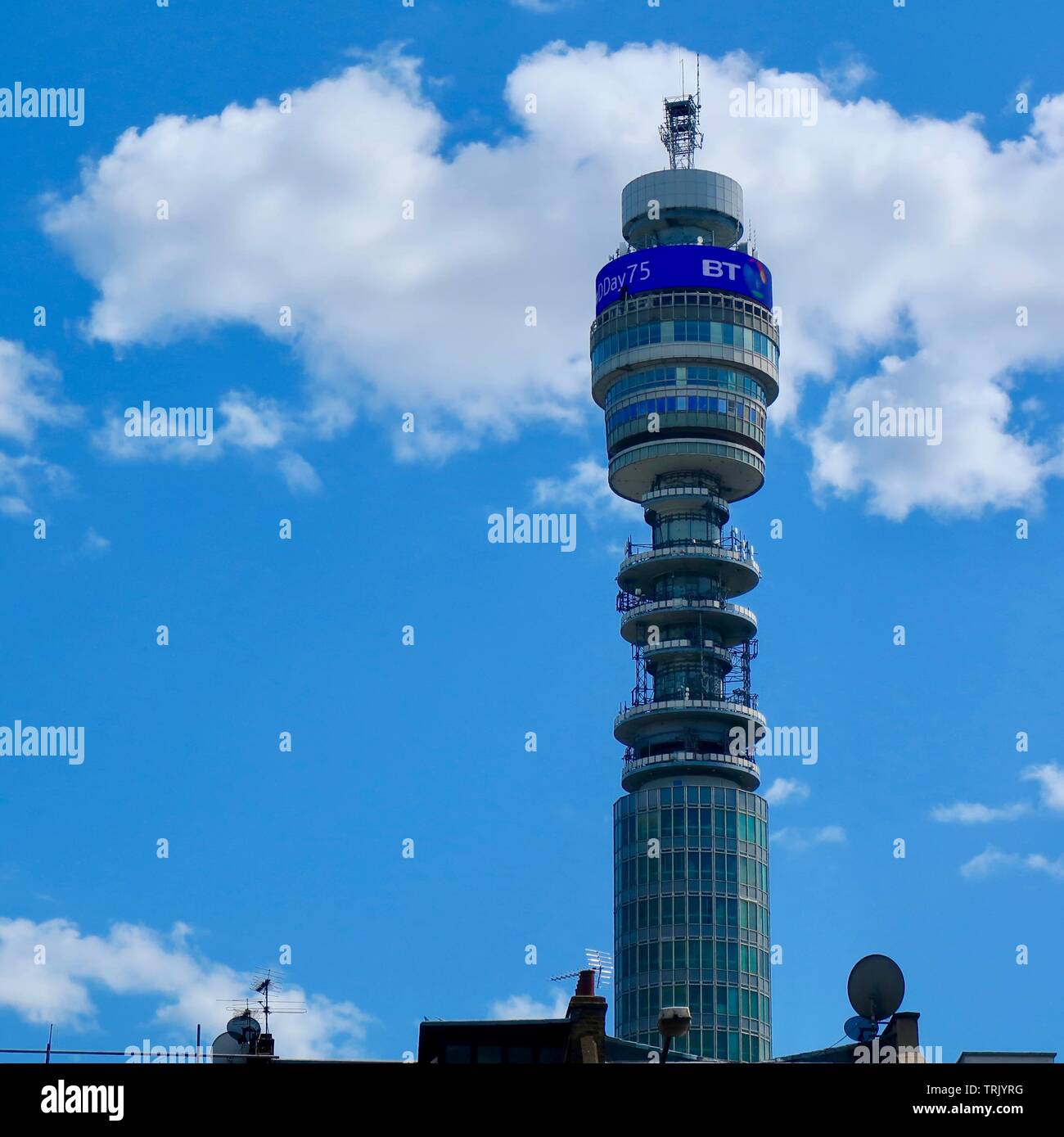 London, UK - 6th June 2019: BT Tower, Fitzrovia, with a message ...