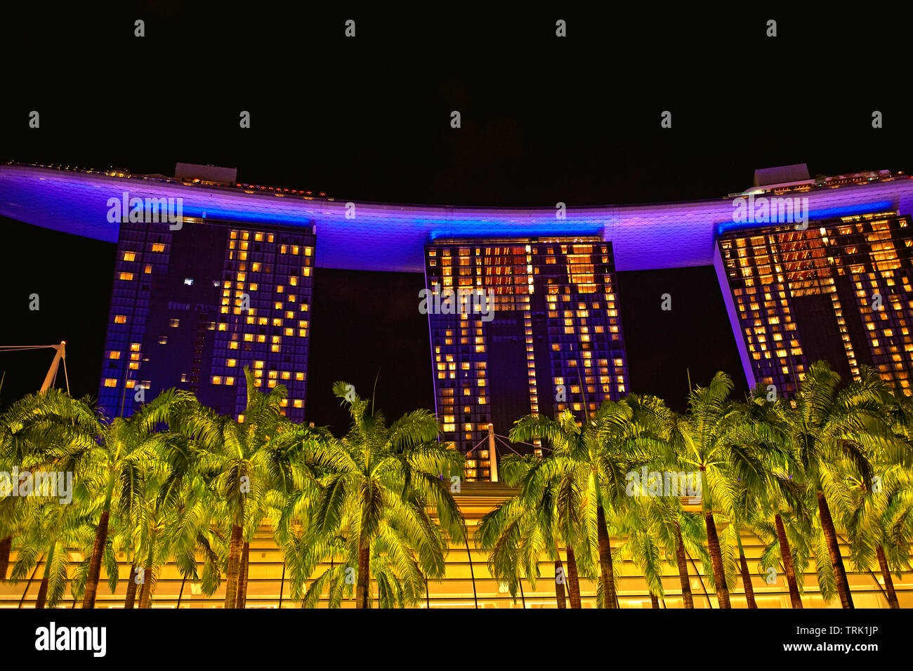 Marina Bay Sands Hotel surrounded by palm trees and illuminated at ...