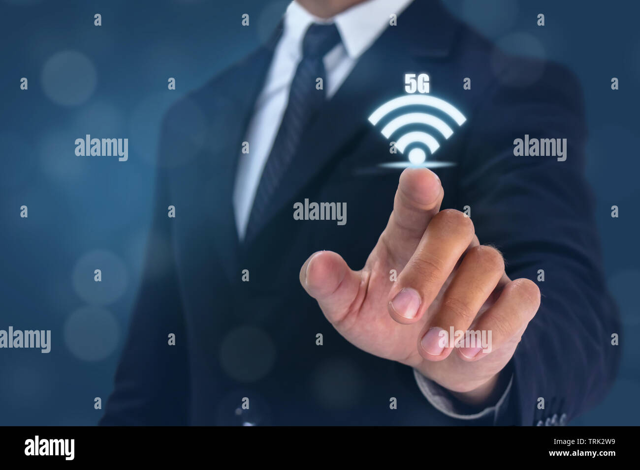 business man point hand to wifi 5g sign on Stock Photo - Alamy
