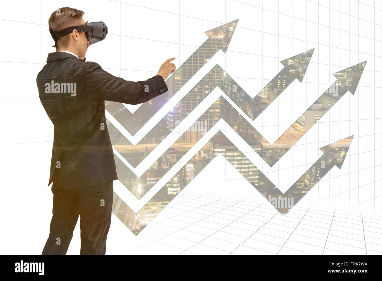 double explosure business man use augmented mixed virtual reality to ...