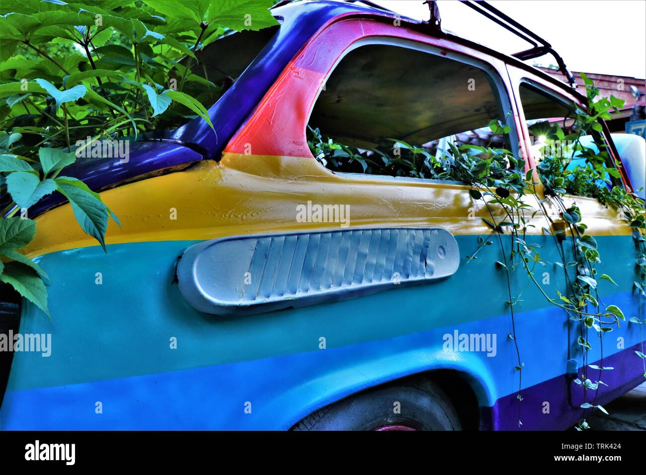 An old Italian Fiat 500 car painted in rainbow colors, submerged in ...
