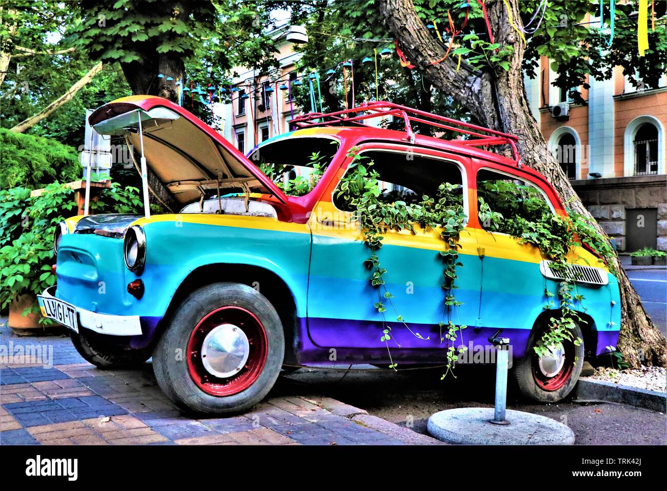 An old Italian Fiat 500 car painted in rainbow colors, submerged in ...