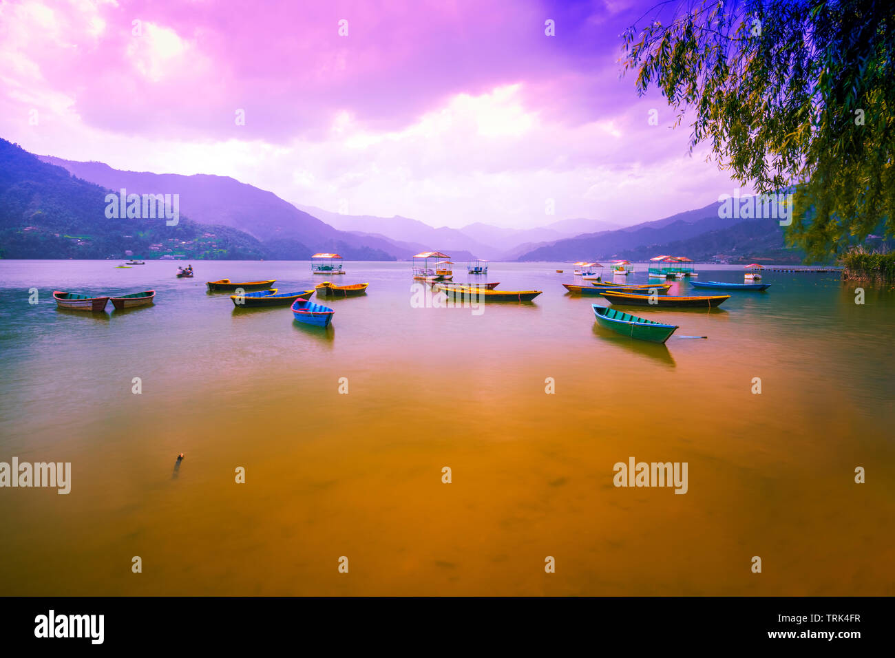 Beautiful Phewa Lake and Colorful Boats. with sunset sky.view from ...