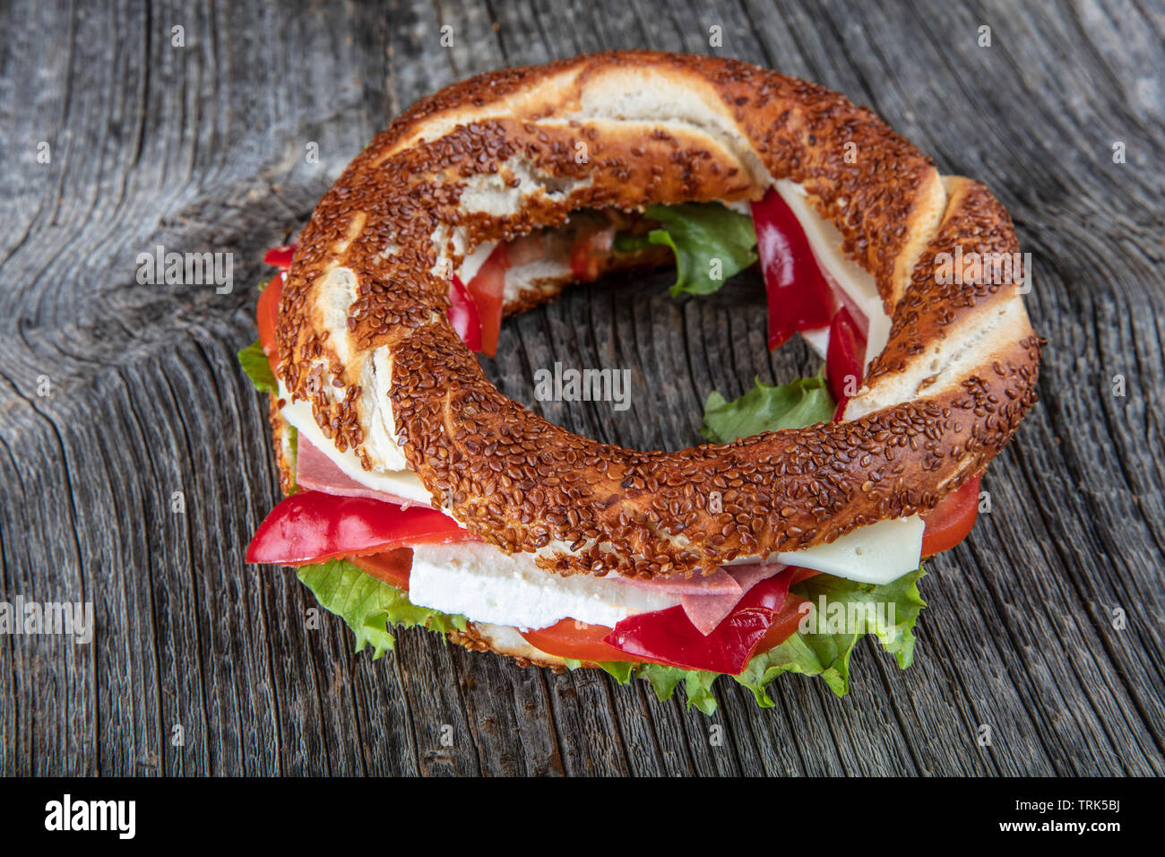 Turkish Bagel, Simit Sandwich with cheese, tomato, cheese Stock Photo ...