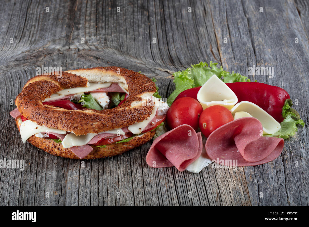 Turkish Bagel, Simit Sandwich with cheese, tomato, red pepper, cheddar ...