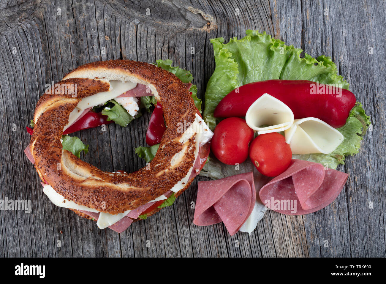 Turkish Bagel, Simit Sandwich with cheese, tomato, red pepper, cheddar ...