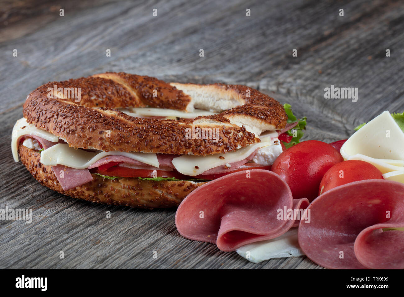 Turkish Bagel, Simit Sandwich with cheese, tomato, red pepper, cheddar ...