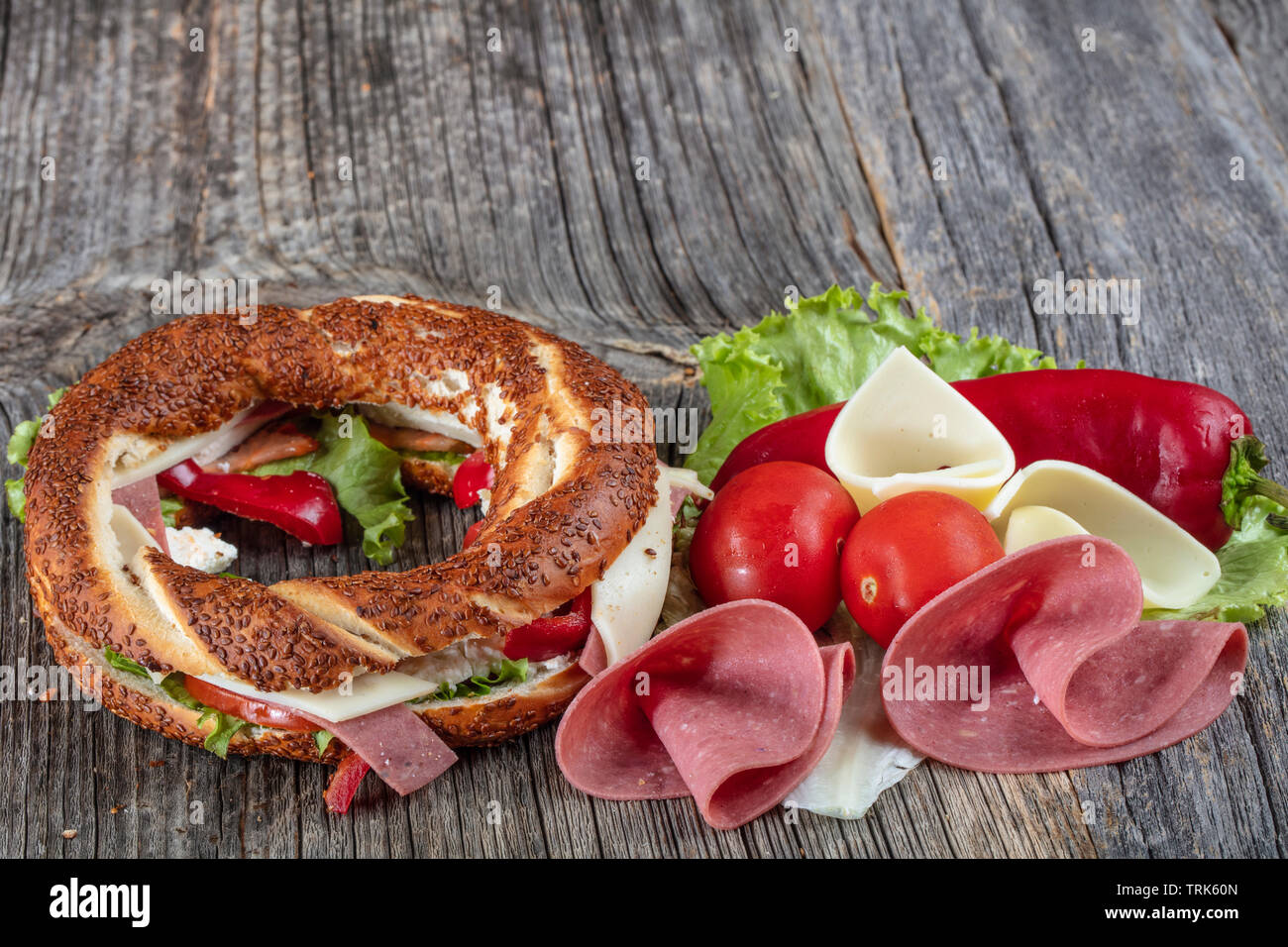 Turkish Bagel, Simit Sandwich with cheese, tomato, red pepper, cheddar ...