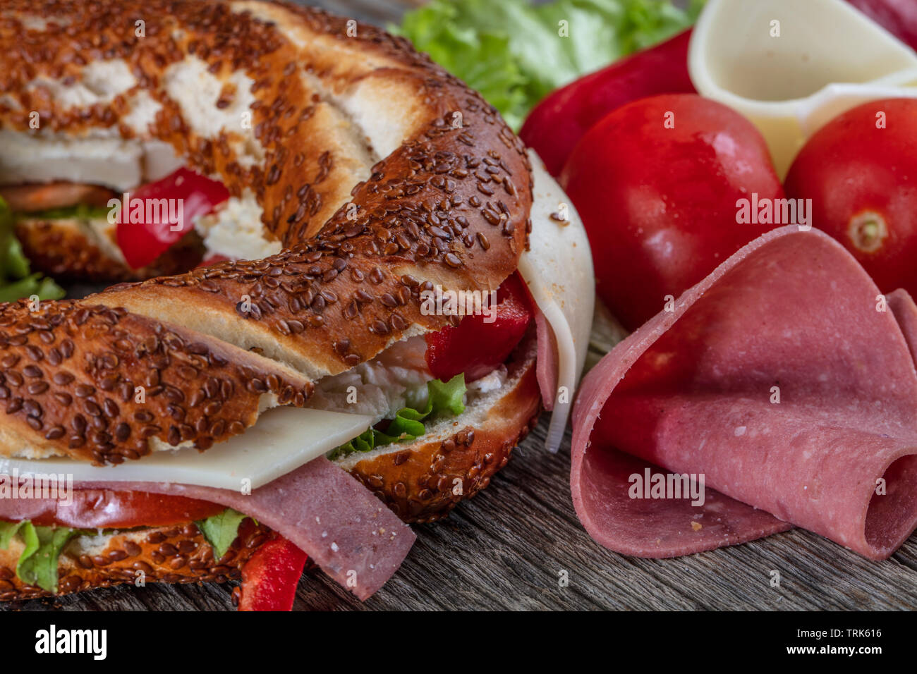Turkish Bagel, Simit Sandwich with cheese, tomato, red pepper, cheddar ...