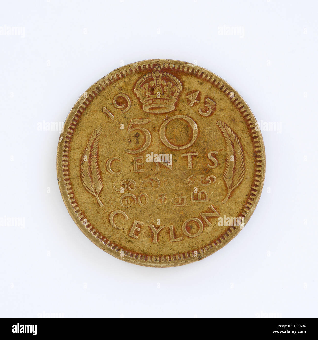 Ceylon 50 Cents - George VI Coin - 1943 Stock Photo - Alamy
