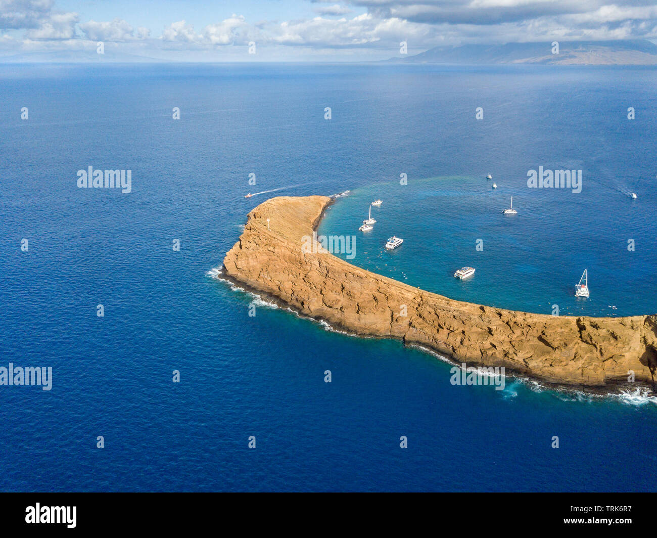 Molokini Crater, aerial shot looking at the backwall of the crescent ...