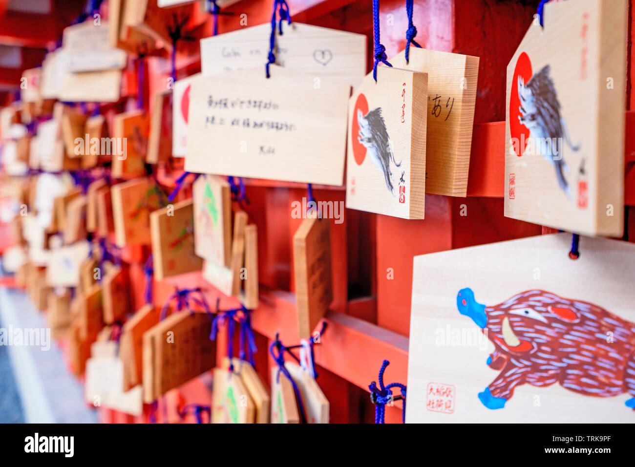 Kyoto, Japan - March. 22, 2019: Beautiful ema (Shinto, picture-horse ...