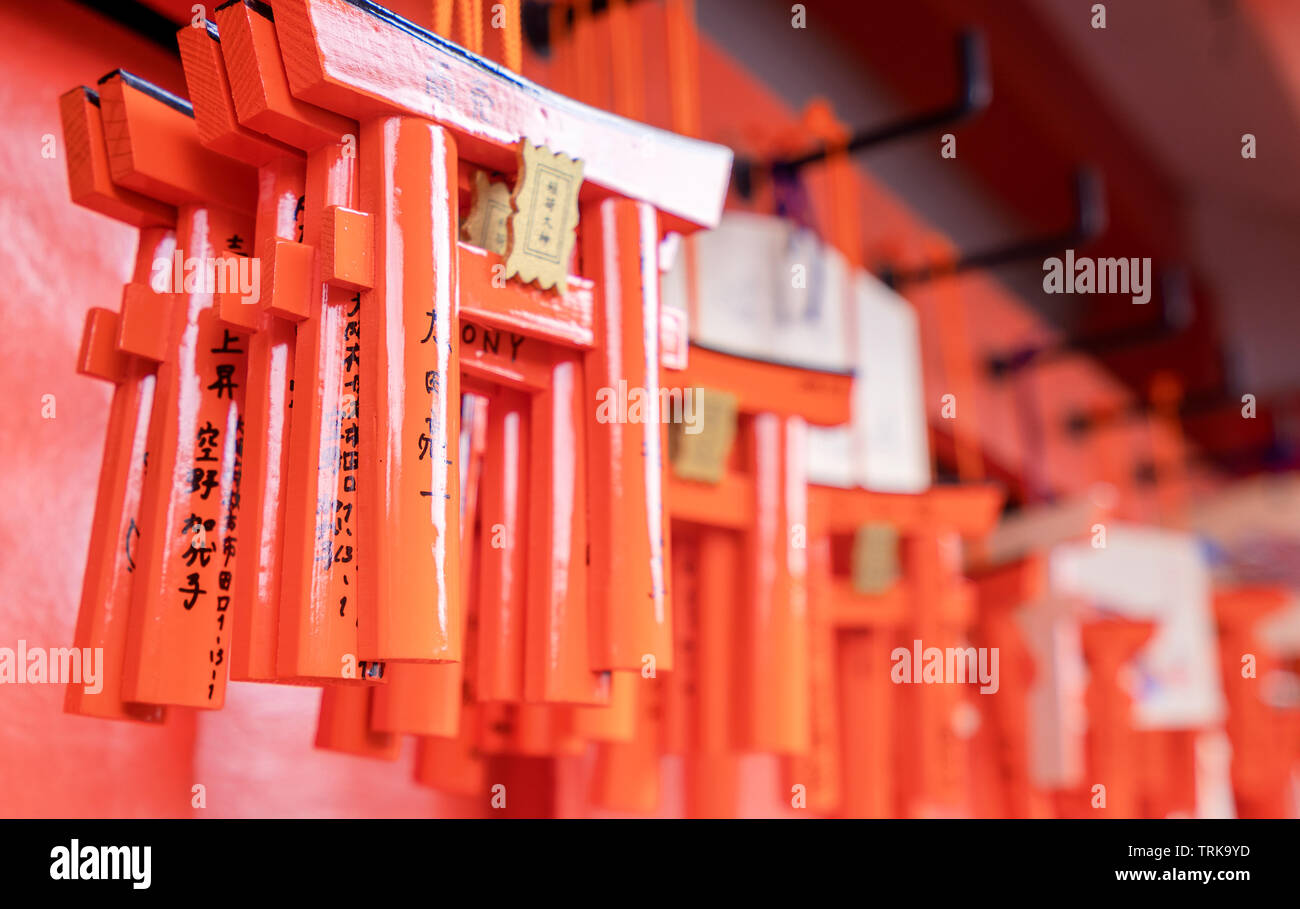 Kyoto, Japan - March. 22, 2019: Beautiful ema (Shinto, picture-horse ...