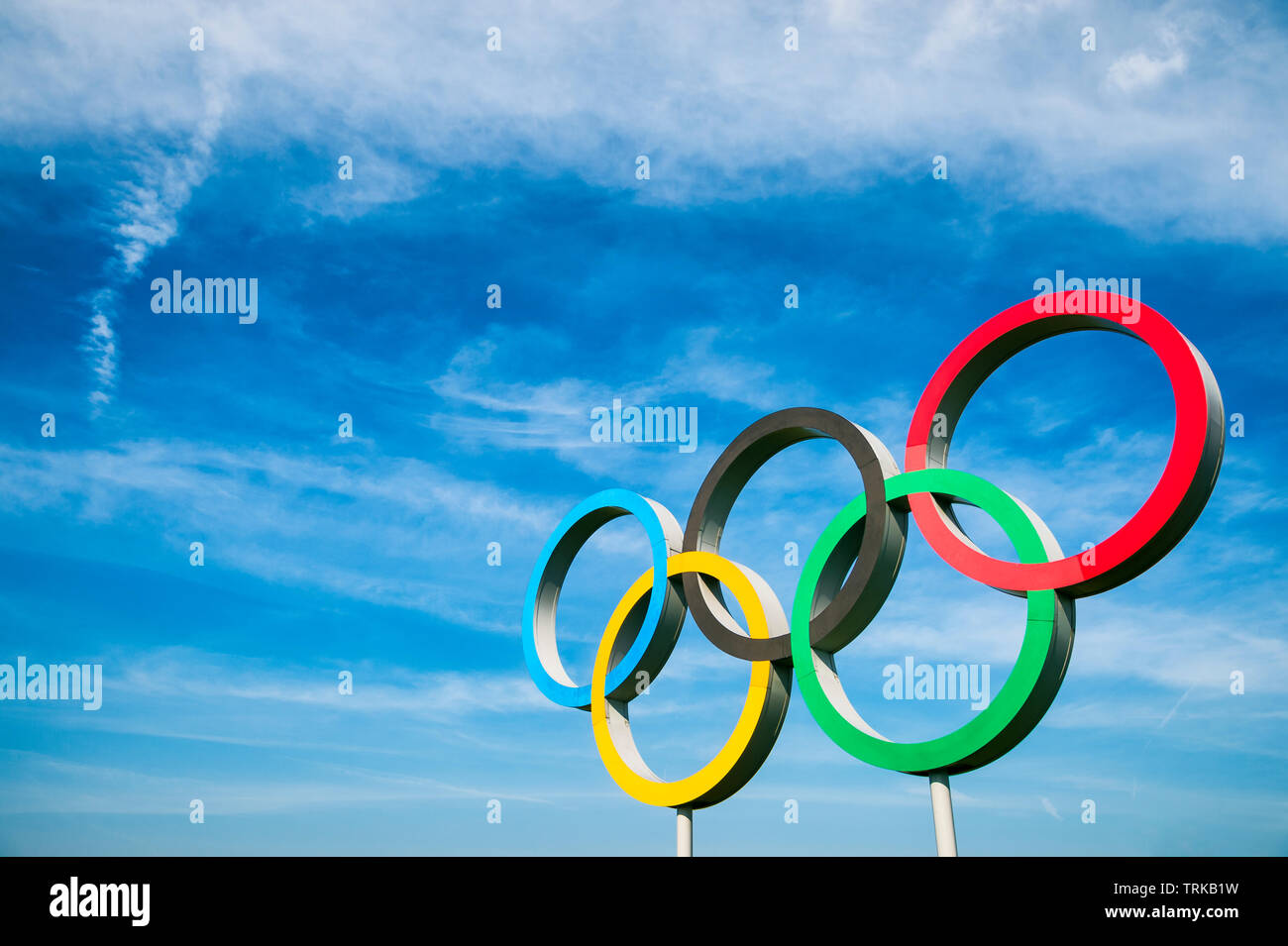LONDON - APRIL, 2019: A large set of Olympic Rings stand under bright ...
