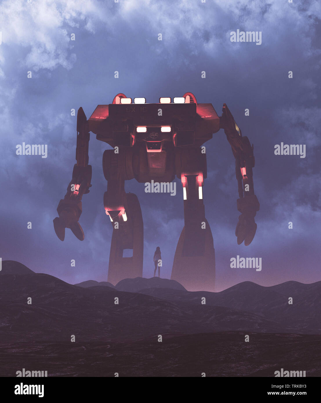 Woman looking to a giant robot in front of her,3d illustration Stock ...