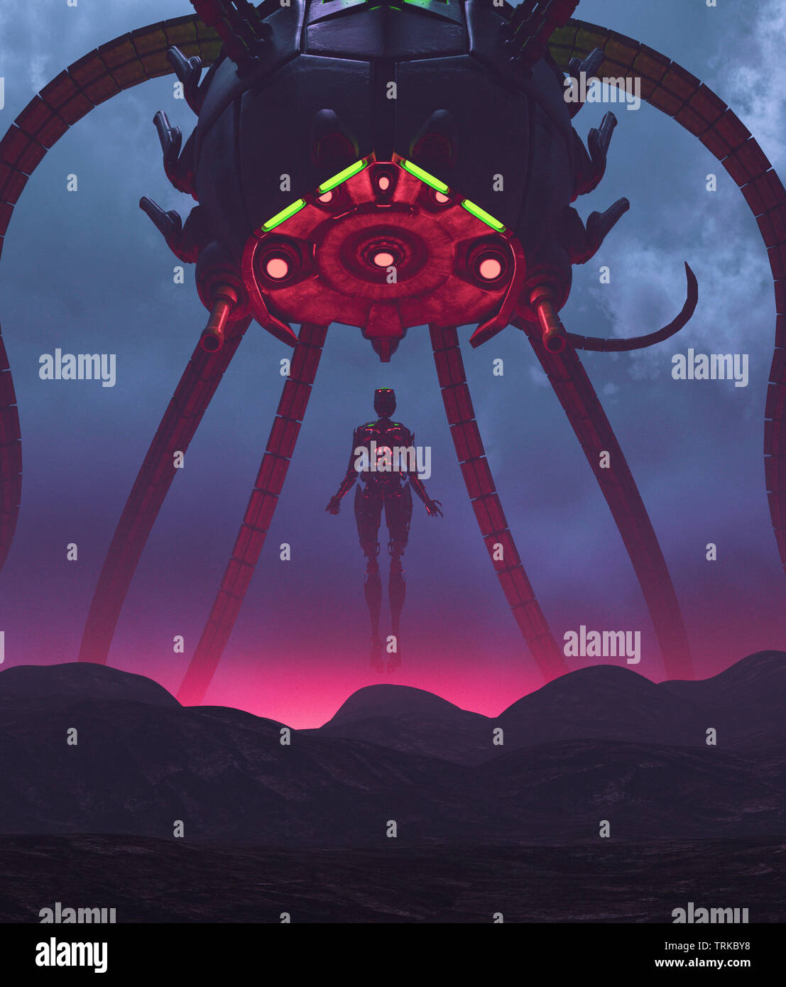 Robot with a giant alien ship,3d illustration Stock Photo - Alamy