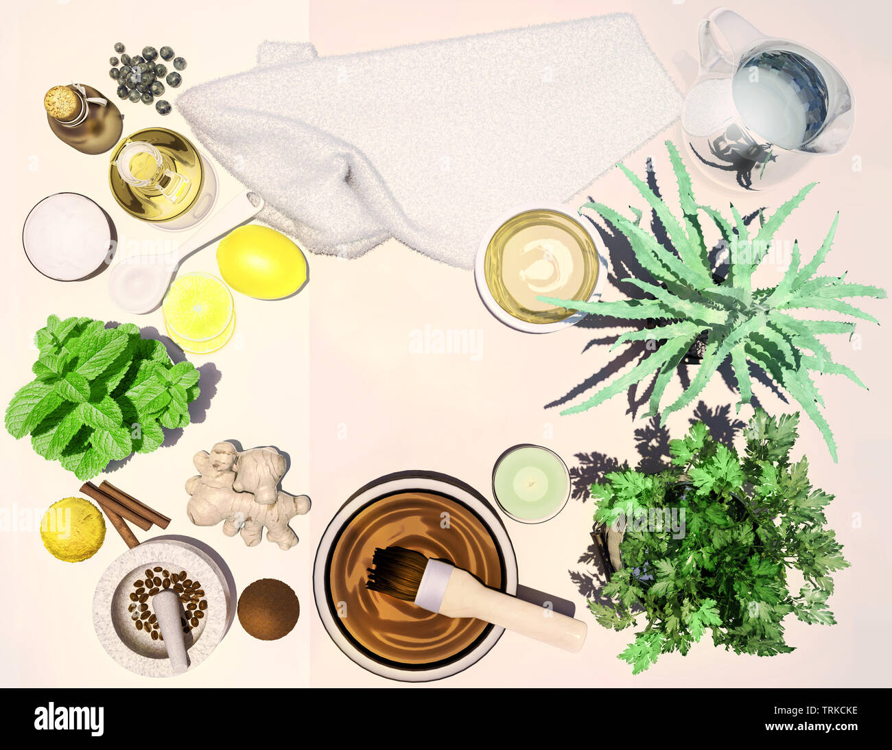 Spa still life with drug plants and cosmetic products on light gray ...