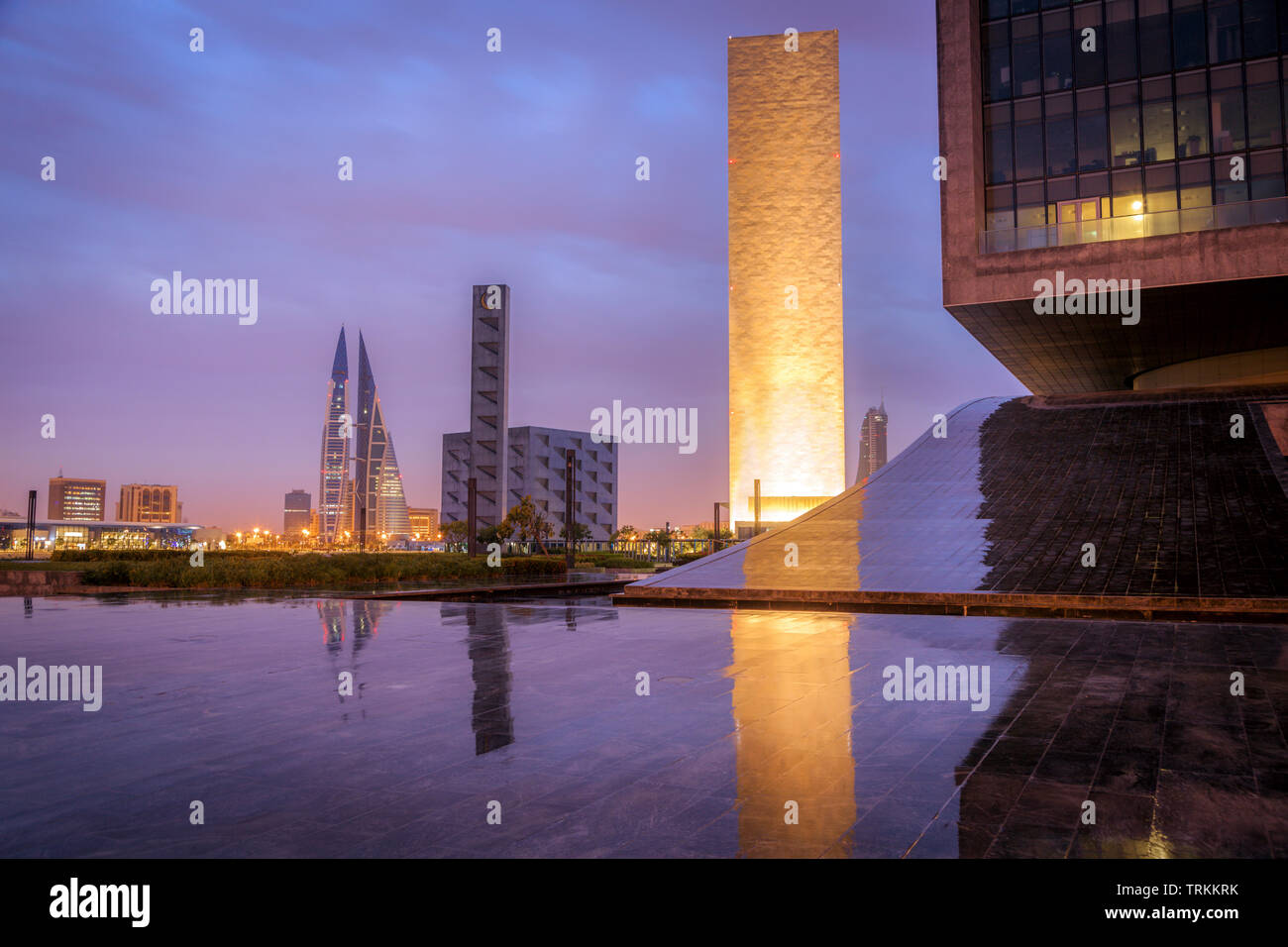 Modern architecture and mosque in the center of Manama at night. Manama ...