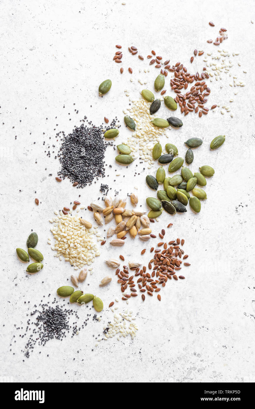 Various Seeds on white background. Assortment of seeds, healthy food ...