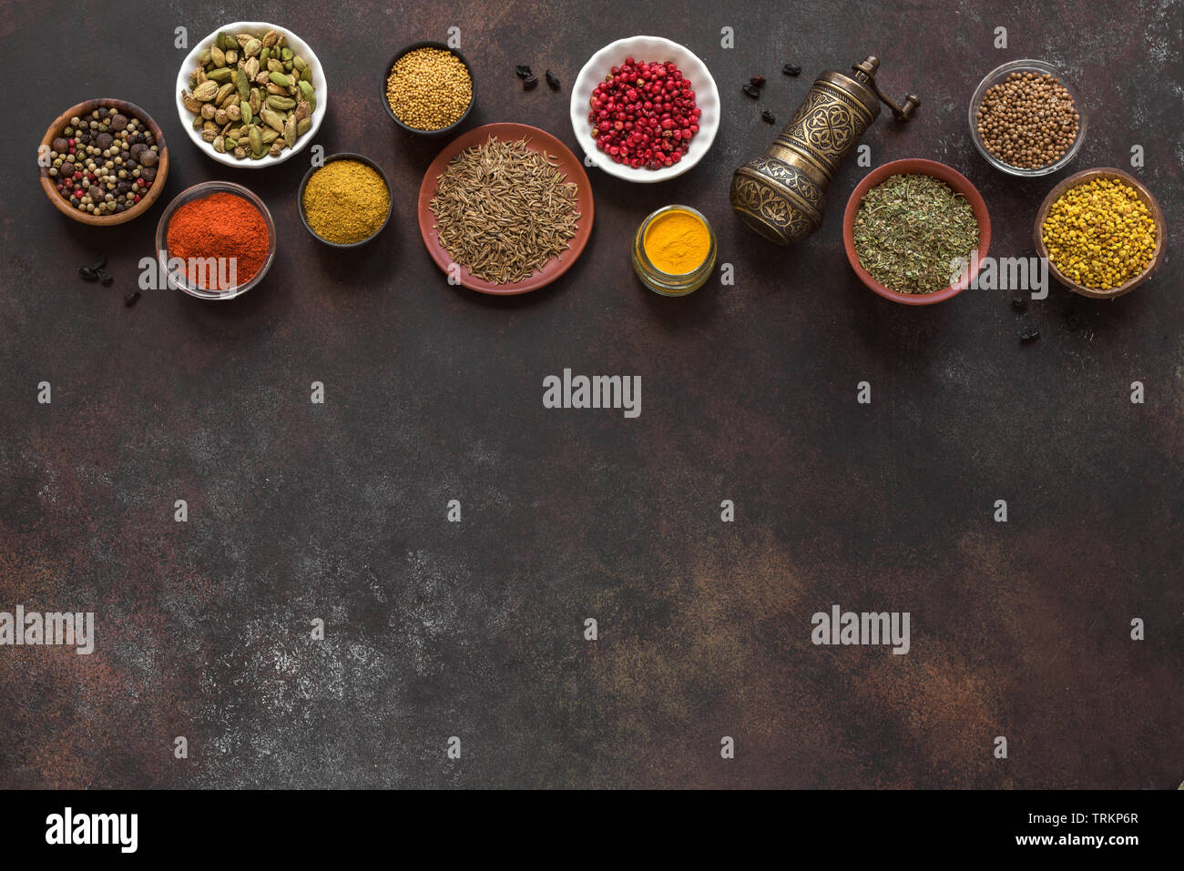 Various Spices on dark background. Assortment, set of spices and ...