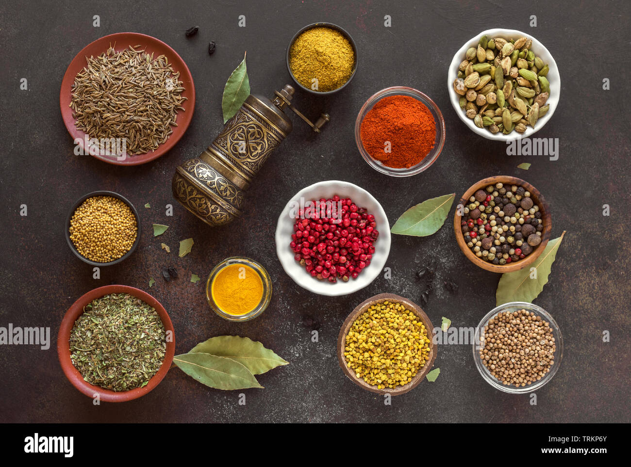 Various Spices on dark background. Assortment, set of spices and ...