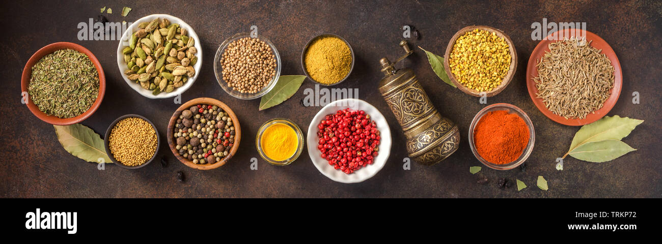 Various Spices on dark background. Assortment, set of spices and ...
