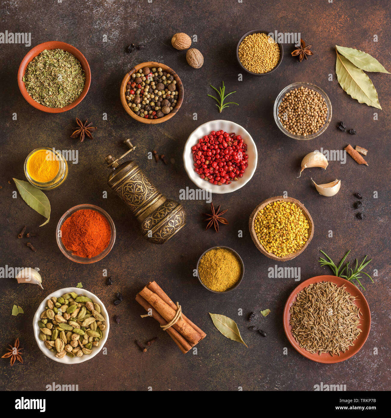 Various Spices on dark background. Assortment, set of spices and ...
