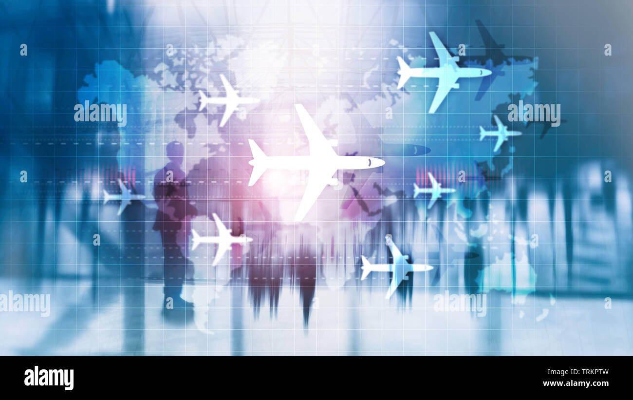 World map with flight routes airplanes. Global Aviation Business ...