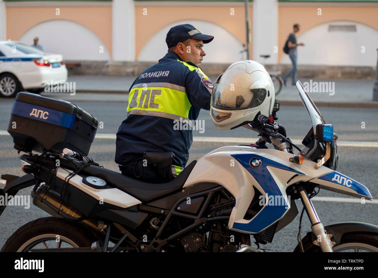 Moscow, RUSSIA - June 7, 2019: The inspector of the road police patrol ...