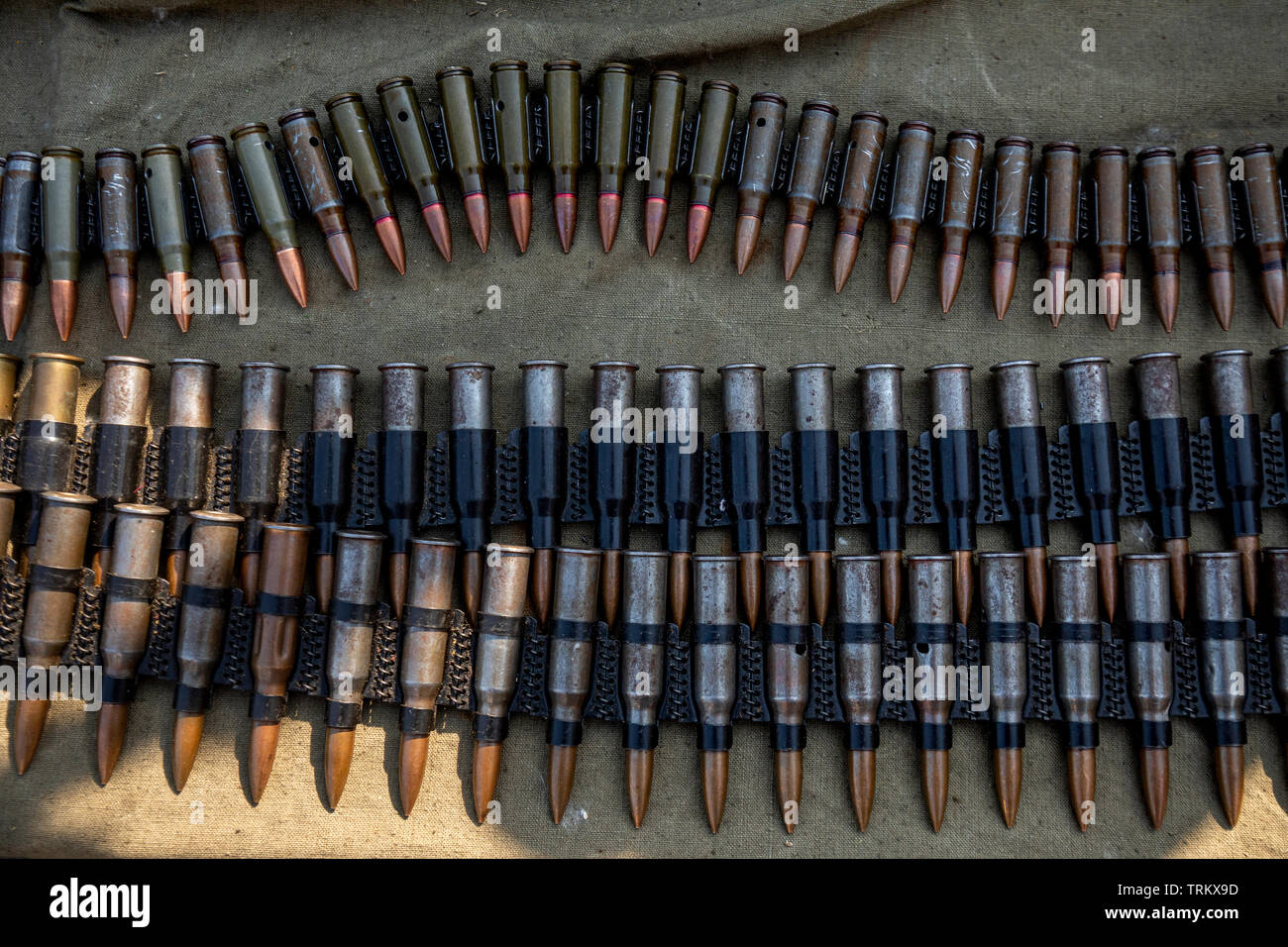 close-up view of a machine-gun belt with bullets of the Soviet ...
