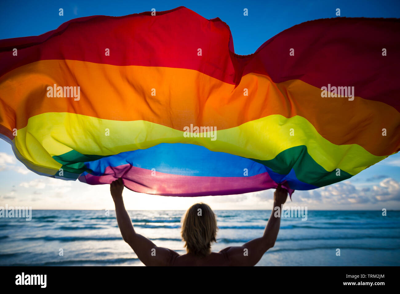 Colorful silhouette of a man with blond hair holding a gay pride ...