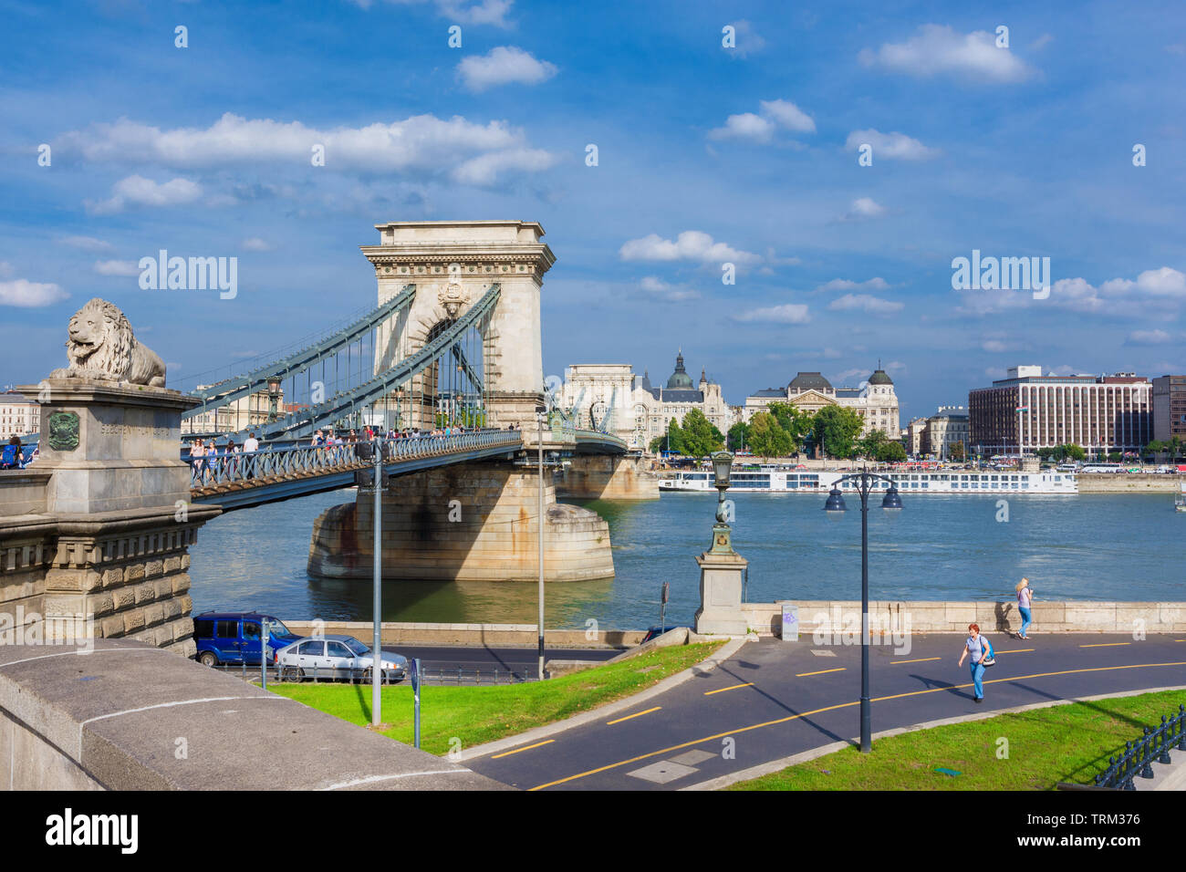 Crossing the famous Szechenyi Chain Bridge over River Danube toward ...
