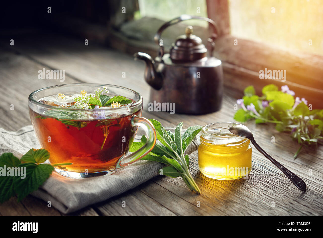 Several medicinal plants and herbs on table, healthy herbal tea cup ...