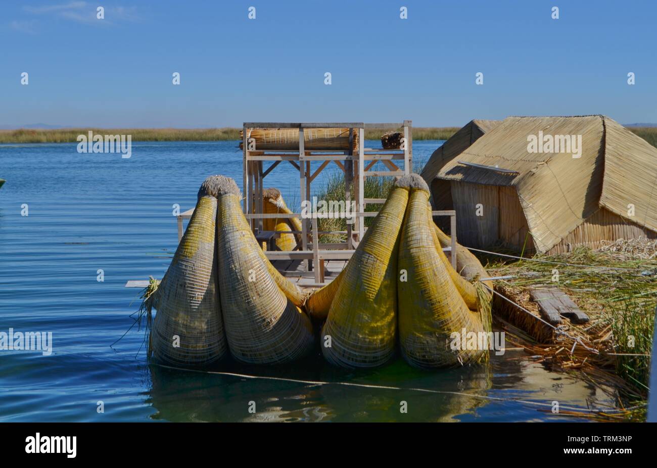 Peru,Puno,Titicaca. View of Titicaca Lake and reed boats or caballitos ...