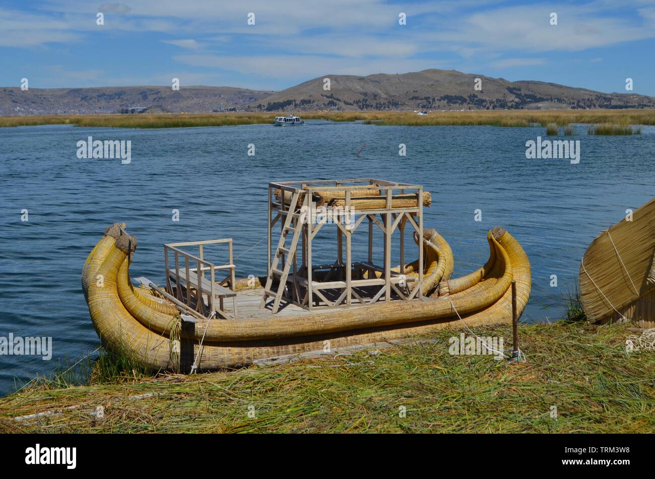 Peru,Puno,Titicaca. View of Titicaca Lake and reed boats or caballitos ...