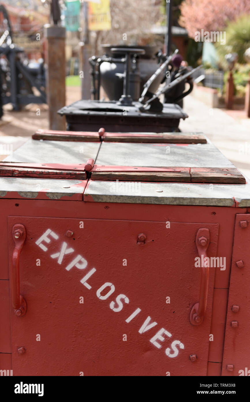 Bisbee, AZ/USA - 03-13-2019: Old Fashioned red metal box marked ...